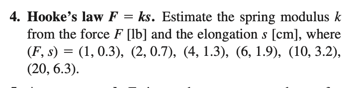 Solved 4. Hooke's law F=ks. Estimate the spring modulus k | Chegg.com