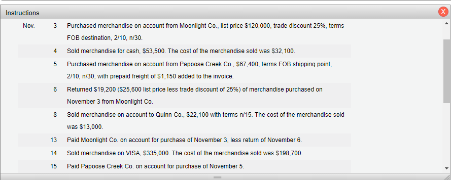 Solved Instructions х Nov. 3 4 5 6 Purchased merchandise on | Chegg.com