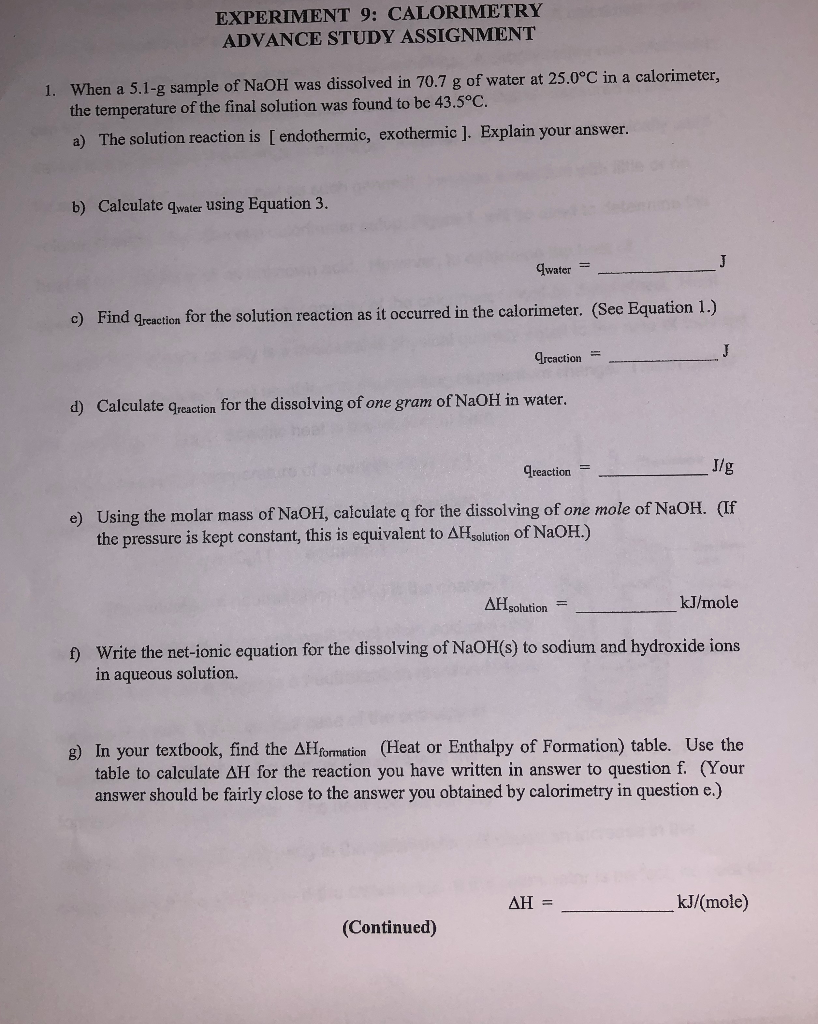 Solved EXPERIMENT 9: CALORIMETRY ADVANCE STUDY ASSIGNMENT 1. | Chegg.com
