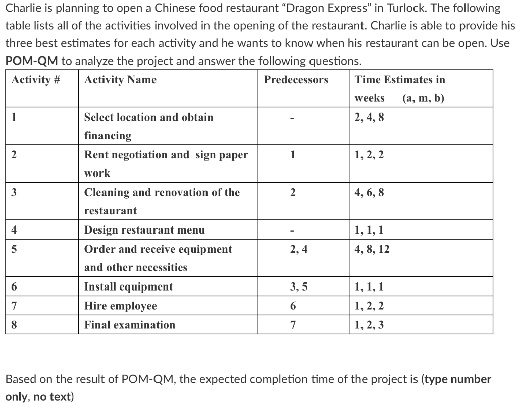2. Based on the result of POM-QM, the standard | Chegg.com