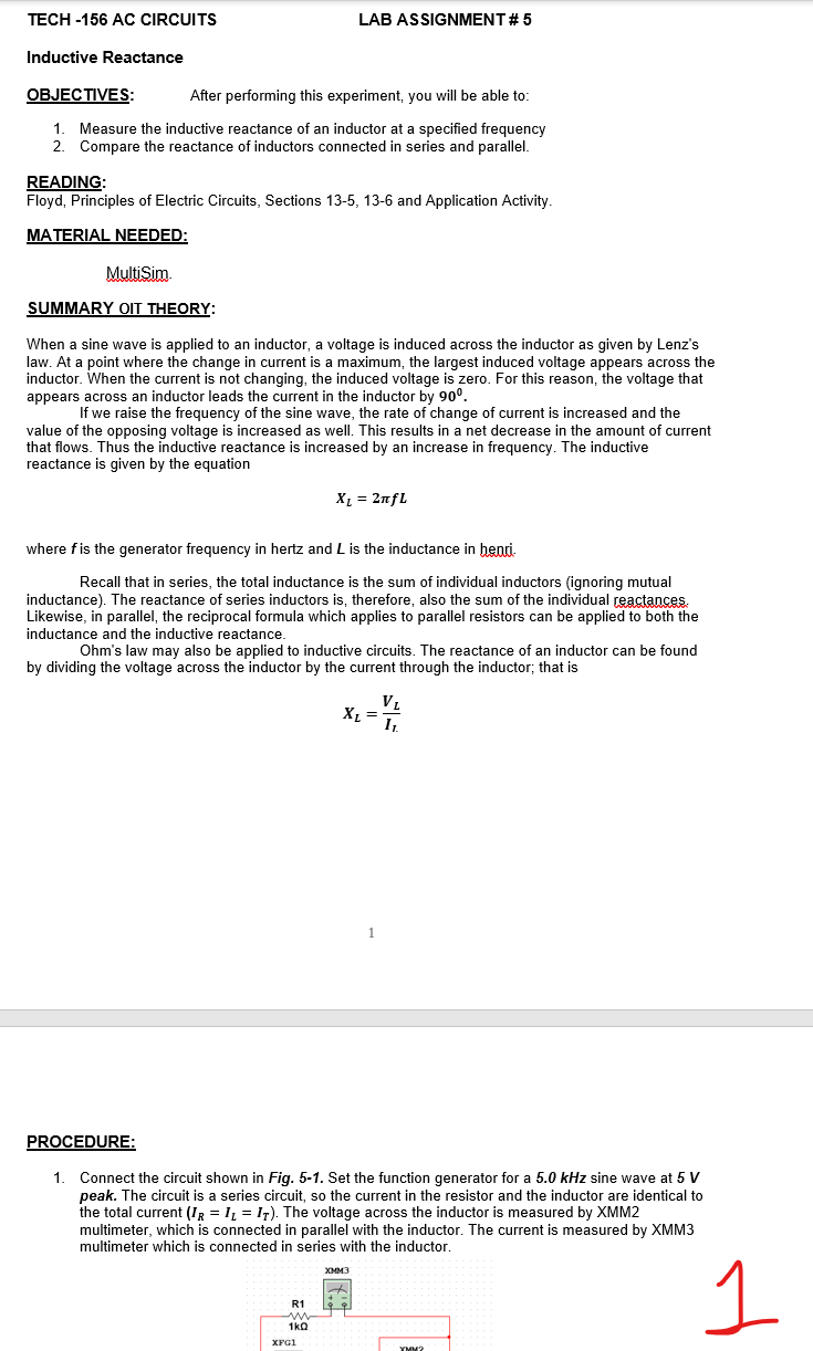 TECH-156 AC CIRCUITS LAB ASSIGNMENT #5 Inductive | Chegg.com