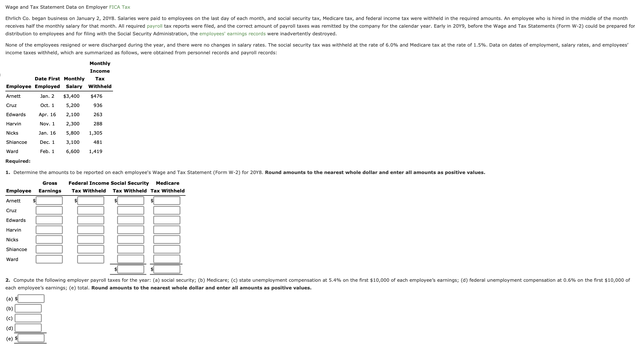 Solved Wage And Tax Statement Data On Employer Fica Tax 4004