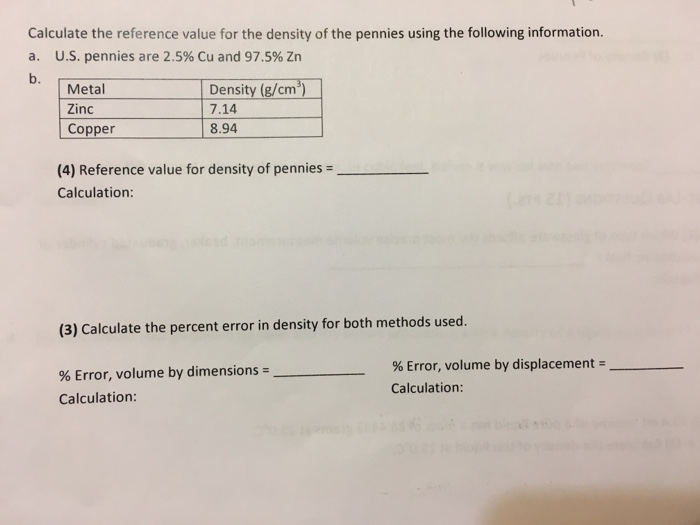Solved calculate the reference value for the density of the | Chegg.com