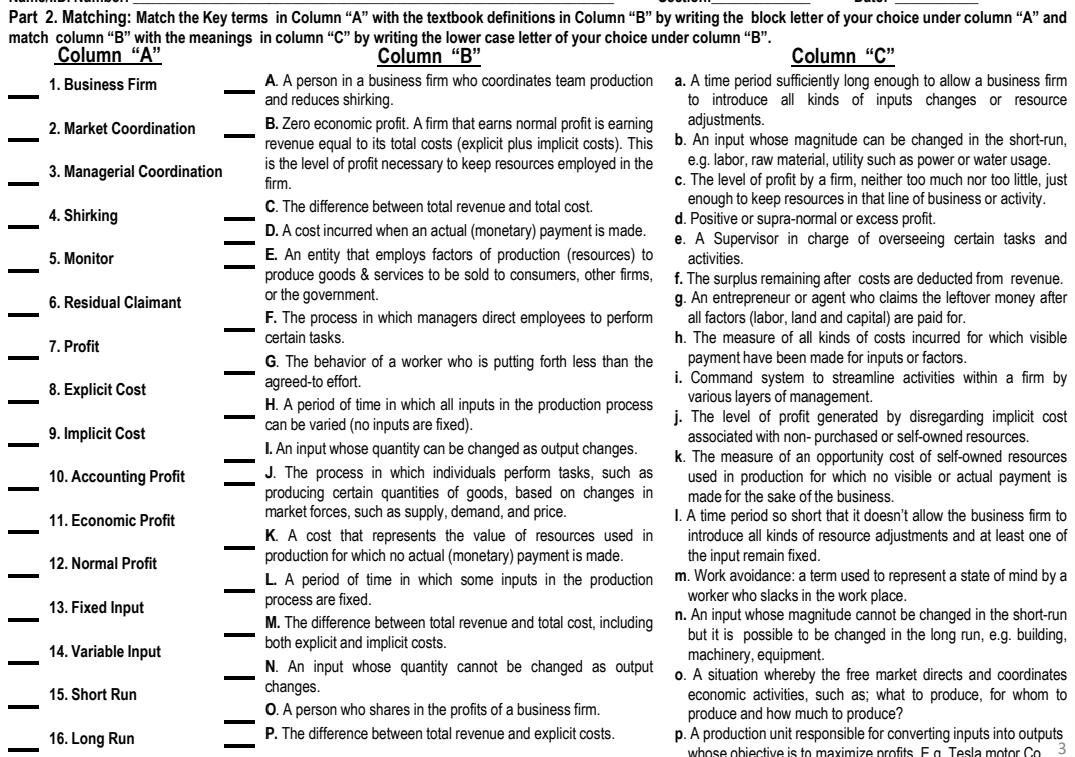 Solved Part 2 Matching Match The Key Terms In Column A