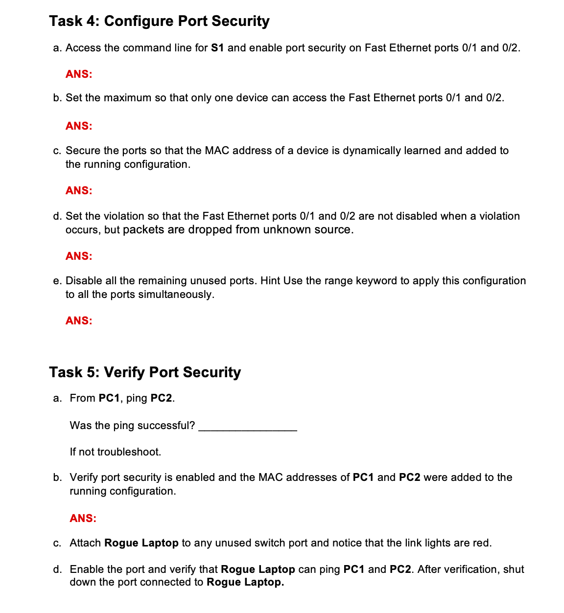 Solved Configuring Switch Port Security Topology Addressing | Chegg.com