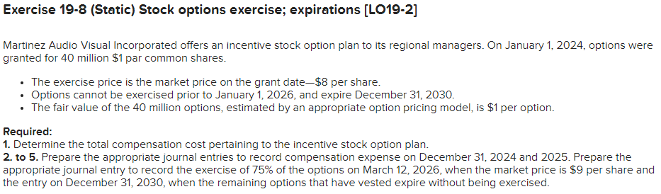 Solved Exercise 19-8 (Static) Stock options exercise; | Chegg.com