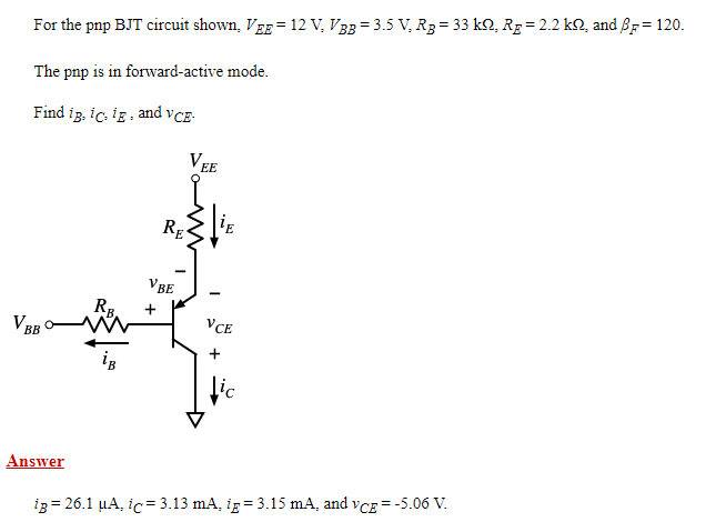 Solved For the pnp BJT circuit shown, VEE = 12 V, VBB = | Chegg.com