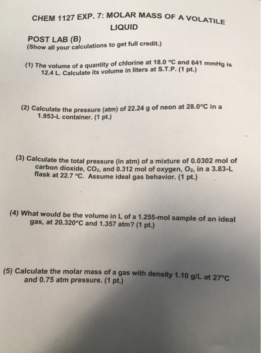 Solved CHEM 1127 EXP.7: MOLAR MASS OF LIQUID POST LAB (B) | Chegg.com