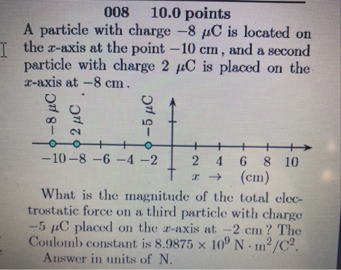 Solved 008 10.0 points A particle with charge-8 μC is | Chegg.com