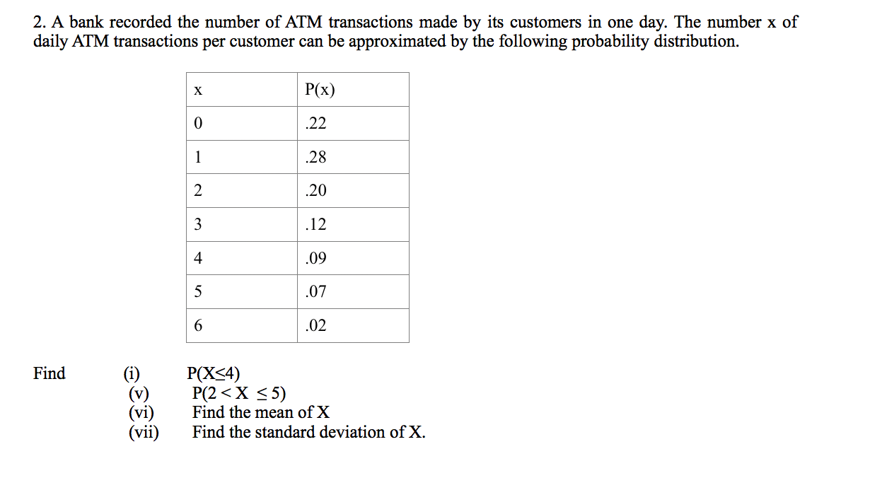 Solved 2. A bank recorded the number of ATM transactions | Chegg.com