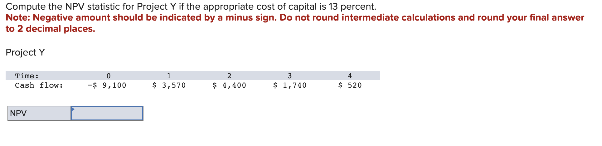 Solved Compute the NPV statistic for Project Y if the | Chegg.com