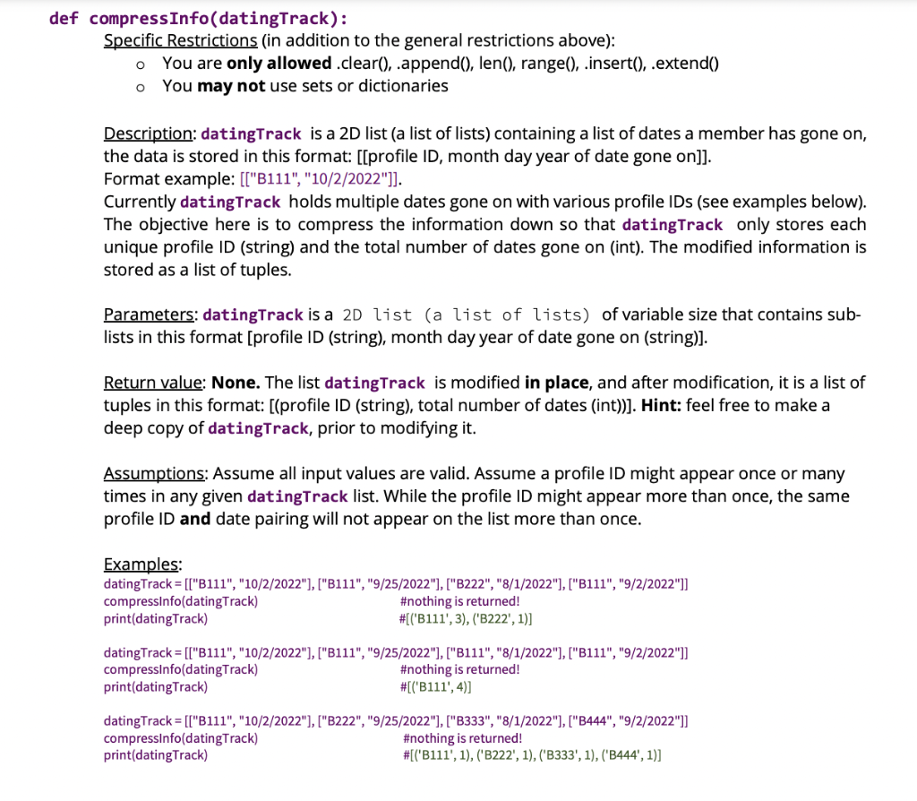 Solved compressInfo(datingTrack): Specific Restrictions (in | Chegg.com