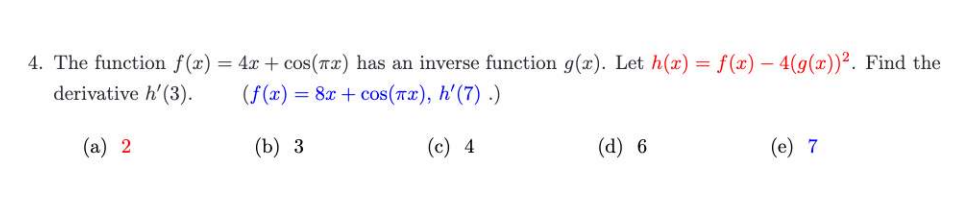 Solved 4. The function f(x)=4x+cos(πx) has an inverse | Chegg.com