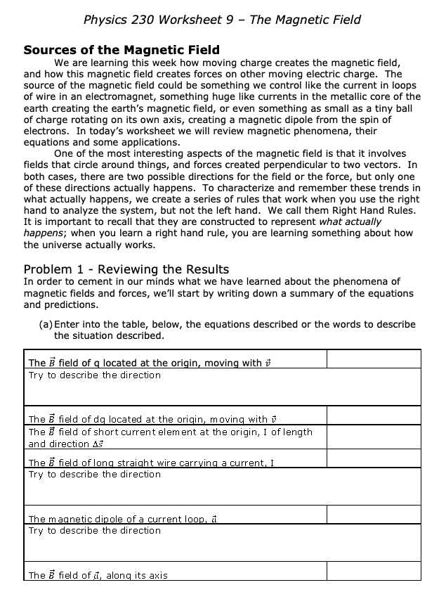 Solved Physics 230 Worksheet 9 - The Magnetic Field Sources | Chegg.com