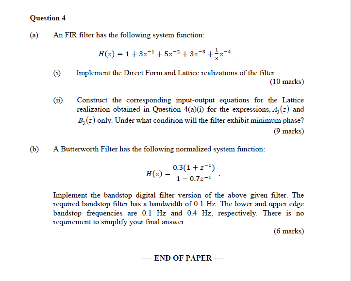 Solved (a) An FIR filter has the following system function: | Chegg.com