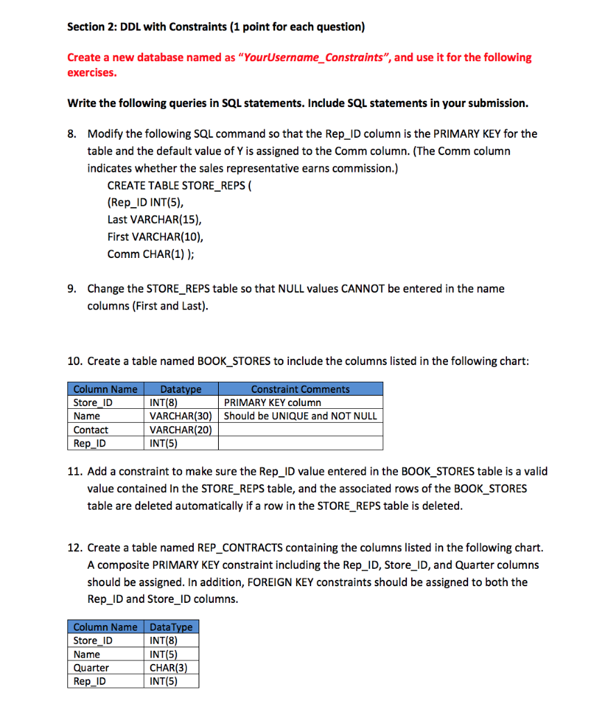 Section 2: DDL with Constraints (1 point for each | Chegg.com