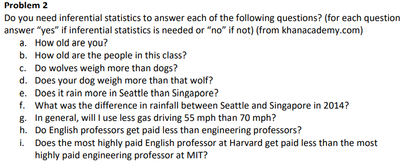 Solved Do you need inferential statistics to answer each of | Chegg.com