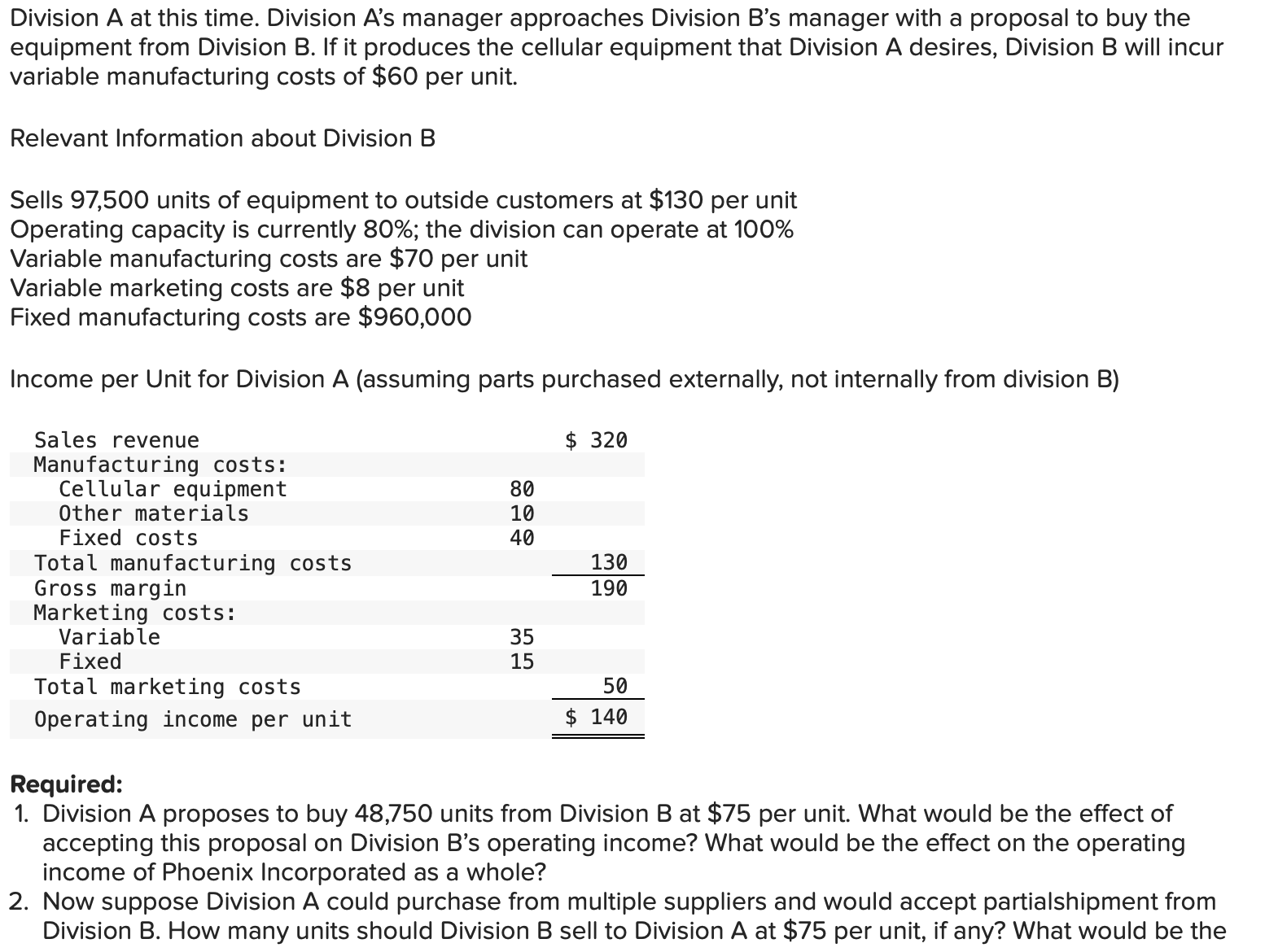 Solved Division A at this time. Division A's manager | Chegg.com
