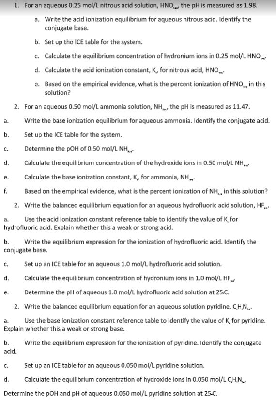 Solved 1. For an aqueous 0.25 mol/l.nitrous acid solution, | Chegg.com