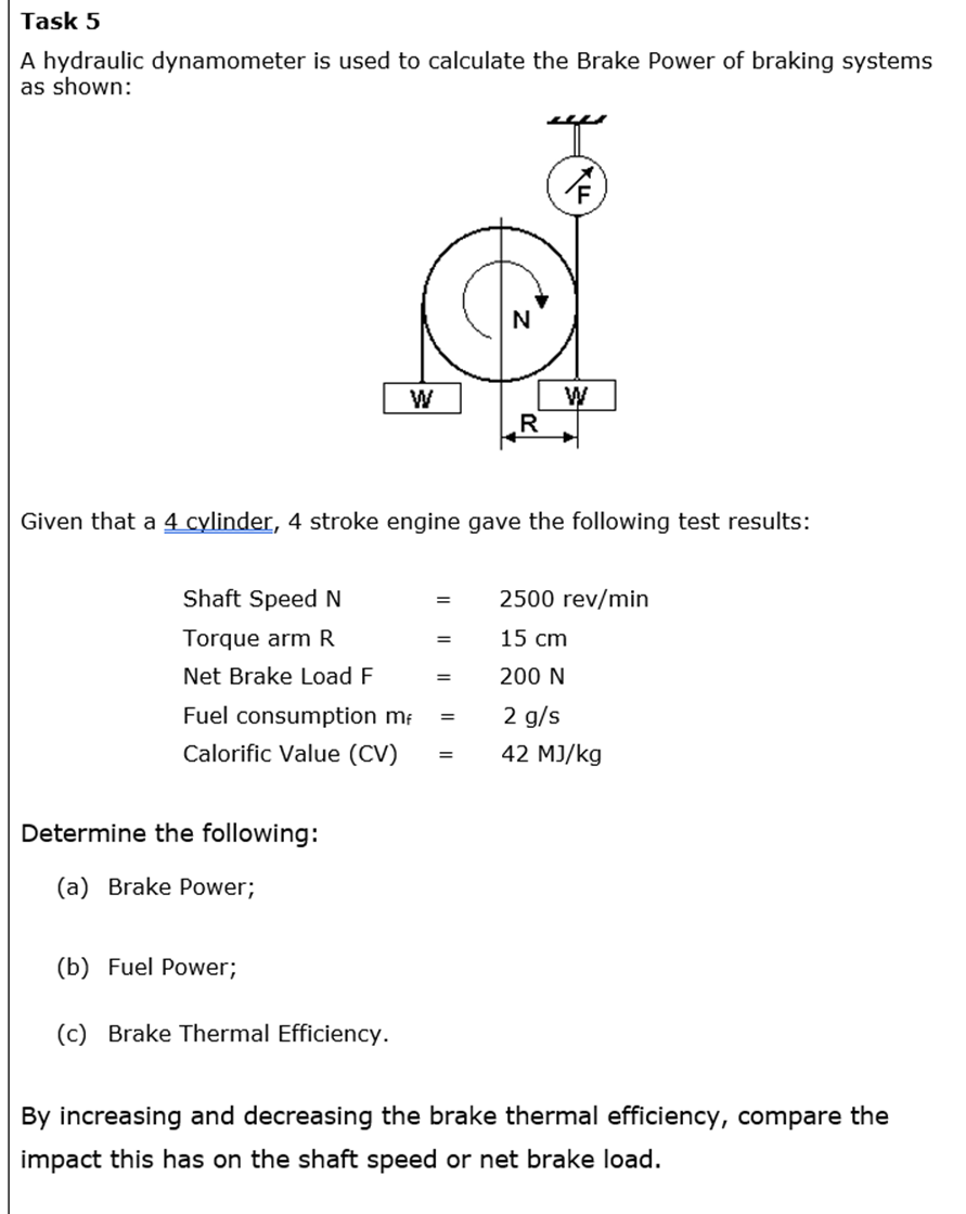 Solved Task 5 A hydraulic dynamometer is used to calculate | Chegg.com
