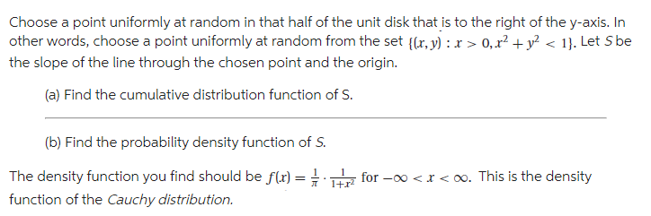 Solved Choose a point uniformly at random in that half of | Chegg.com