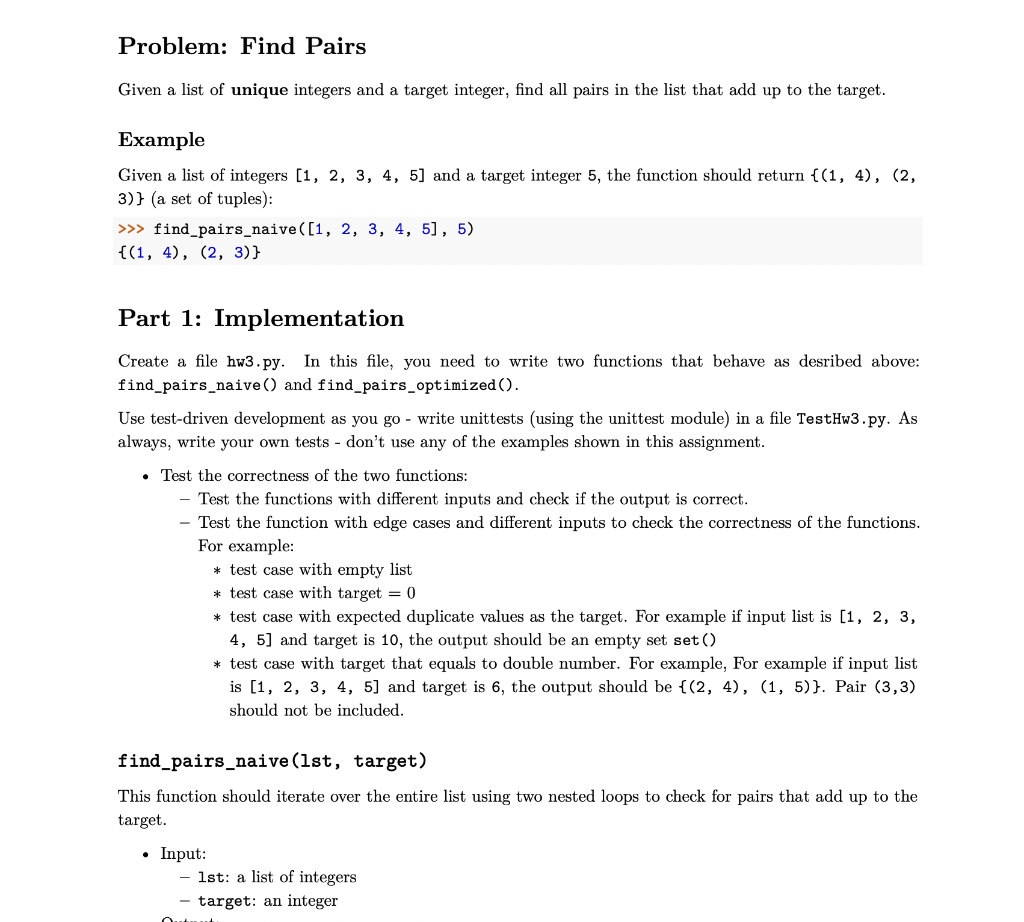 Solved Problem: Find Pairs Given a list of unique integers | Chegg.com