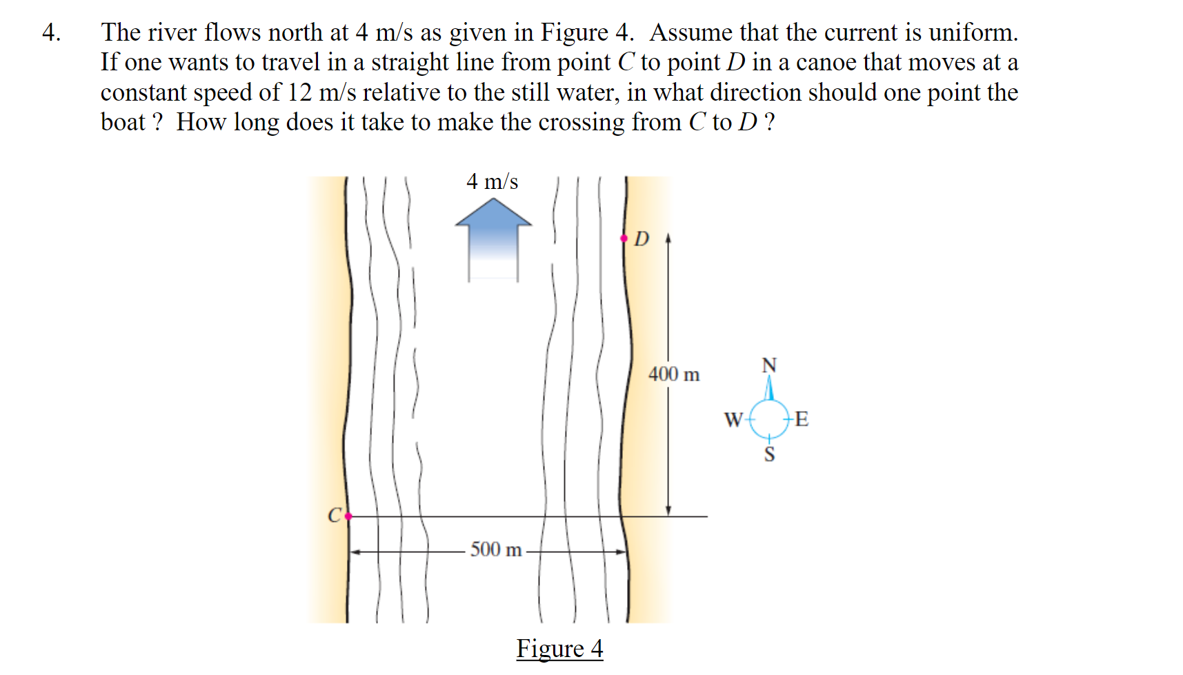 Solved The river flows north at 4 m/s as given in Figure 4 . | Chegg.com