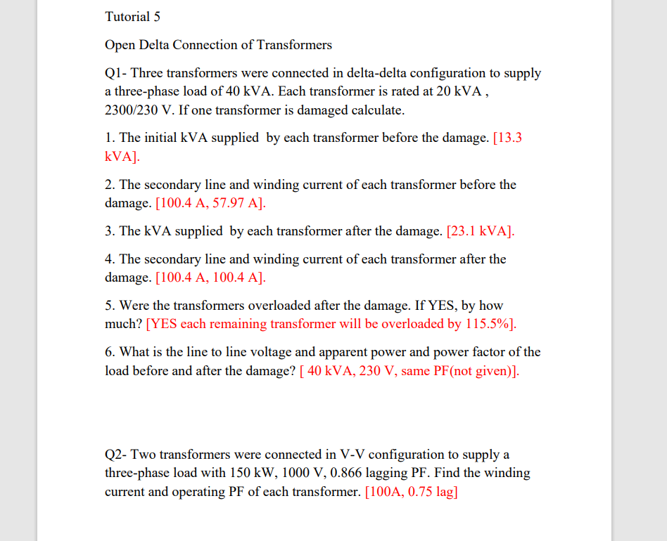 Solved Tutorial 5 Open Delta Connection of Transformers Q1- | Chegg.com