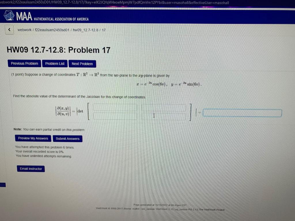 Solved (1 point) Suppose a change of coordinates T:R2→R2 | Chegg.com
