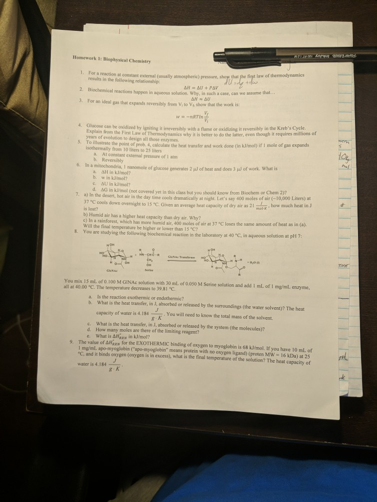 Solved Homework 1: Biophysical Chemistry 1. For a reaction | Chegg.com