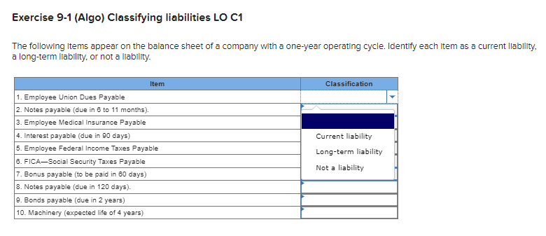 Solved Exercise 9-1 (Algo) Classifying liabilities LO C1 The | Chegg.com