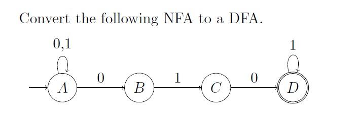 Solved Convert the following NFA to a DFA. 0,1 1 0 1 0 А B © | Chegg.com