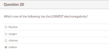 Solved Question 20Which one of the following has the LOWEST | Chegg.com