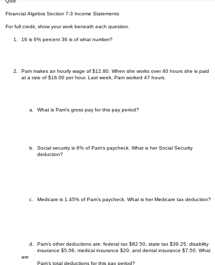Financial Algebra Section 7-3 Income Statements For | Chegg.com