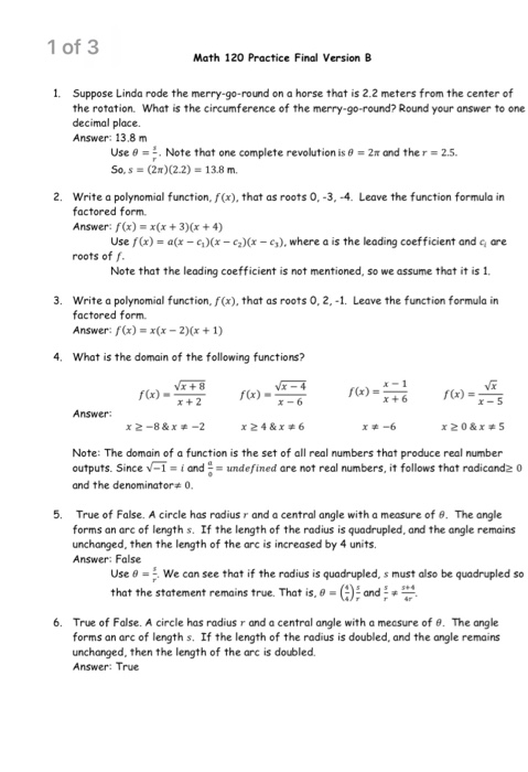 Solved 1 of 3 Math 120 Practice Final Version A Collin | Chegg.com