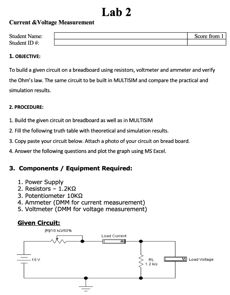 Solved Lab 2 Current &Voltage Measurement Score from 1 | Chegg.com