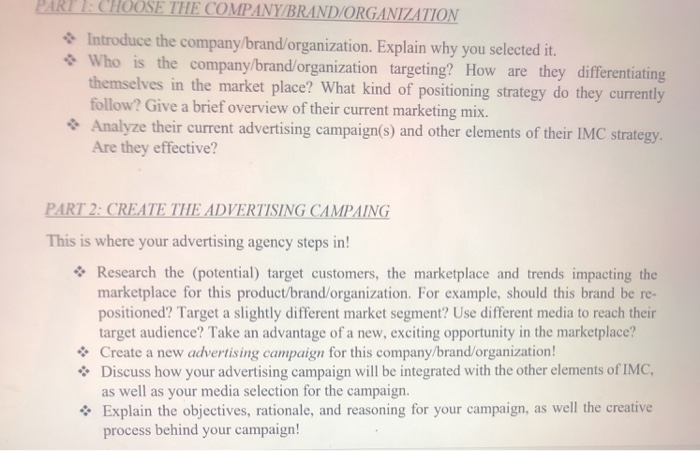 Solved PART 1 CHOOSE THE COMPANY/B RAND ORGANIZATION | Chegg.com