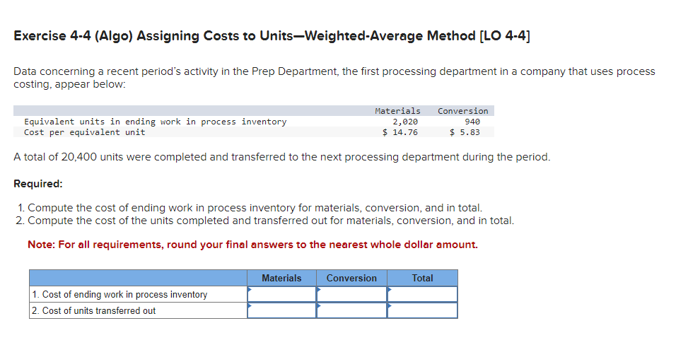 Solved Exercise 4-4 (Algo) Assigning Costs to | Chegg.com Solved Exercise 4-4 (Algo) Assigning Costs to | Chegg.com