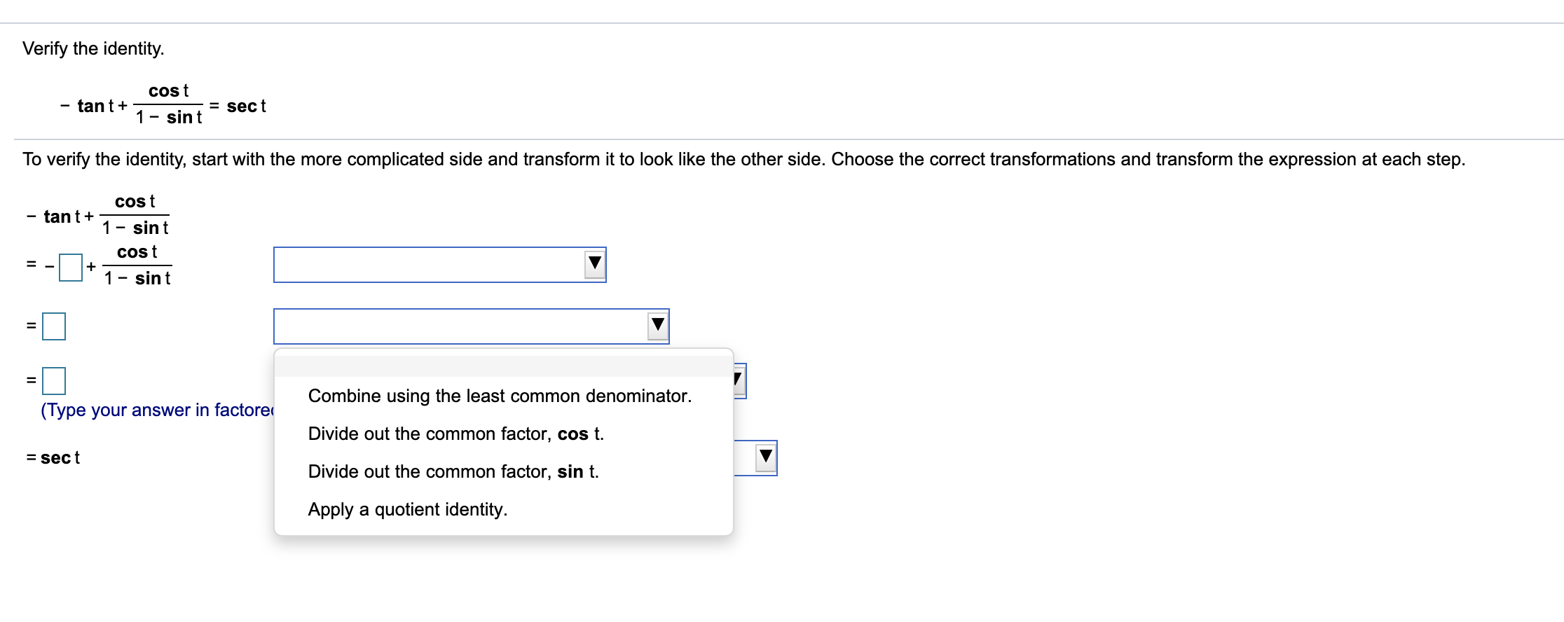 Solved Verify the identity. - tant+ cost = sect 1 - sint To | Chegg.com