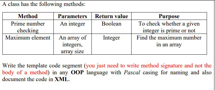 Solved A class has the following methods: Return value | Chegg.com