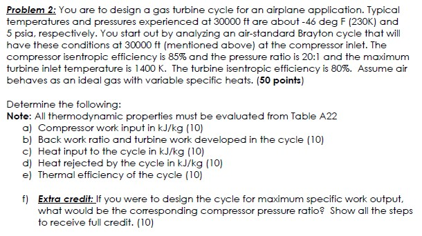 Solved Problem 2: You are to design a gas turbine cycle for | Chegg.com