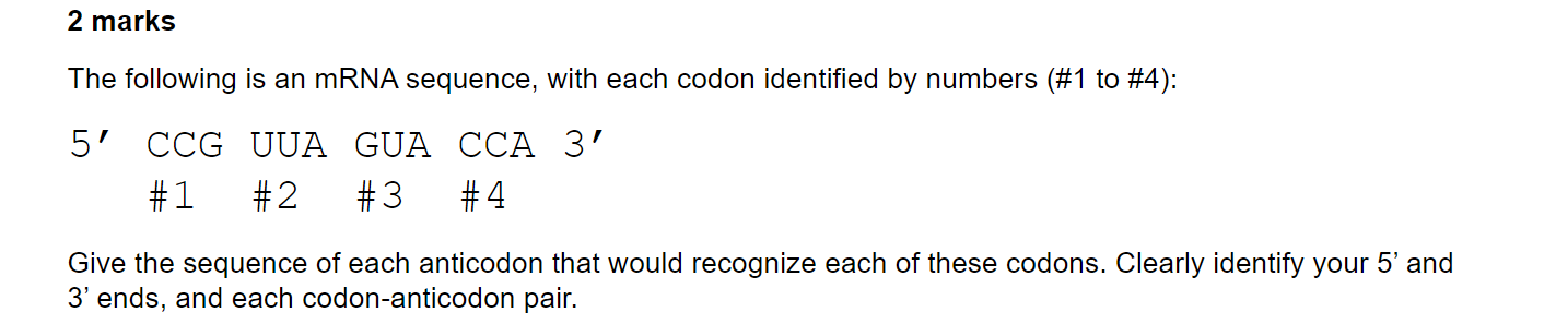 Solved 2 marks The following is an mRNA sequence, with each | Chegg.com