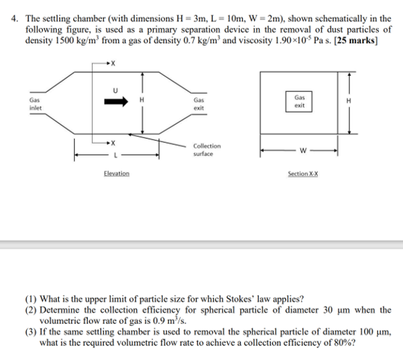 Solved 4. The settling chamber (with dimensions H = 3m, L = | Chegg.com