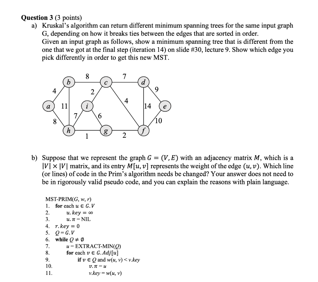 Question 3 (3 points) Kruskal's algorithm can return | Chegg.com