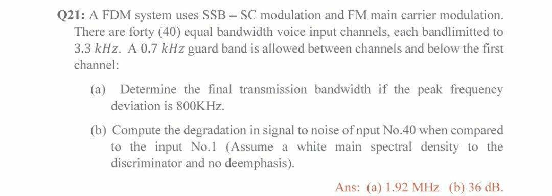 Solved Q21: A FDM system uses SSB - SC modulation and FM | Chegg.com