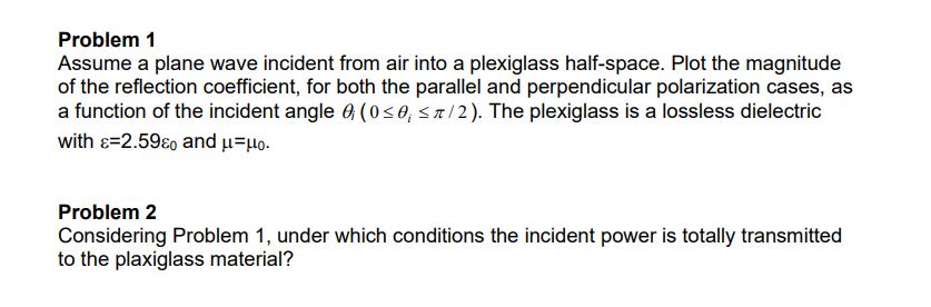 Solved Problem 1 Assume a plane wave incident from air into | Chegg.com