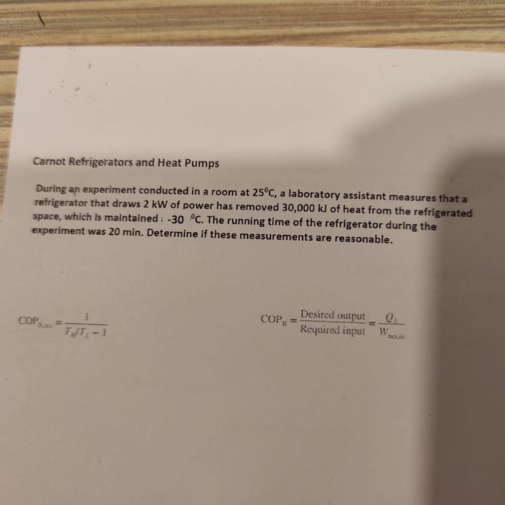 Solved Carnot Refrigerators and Heat Pumps During an | Chegg.com