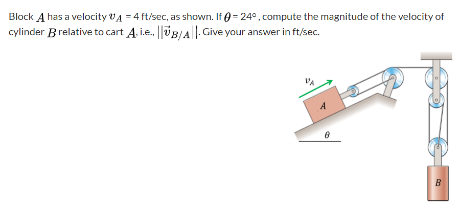Solved Block A has a velocity V A = 4 ft/sec, as shown. If = | Chegg.com