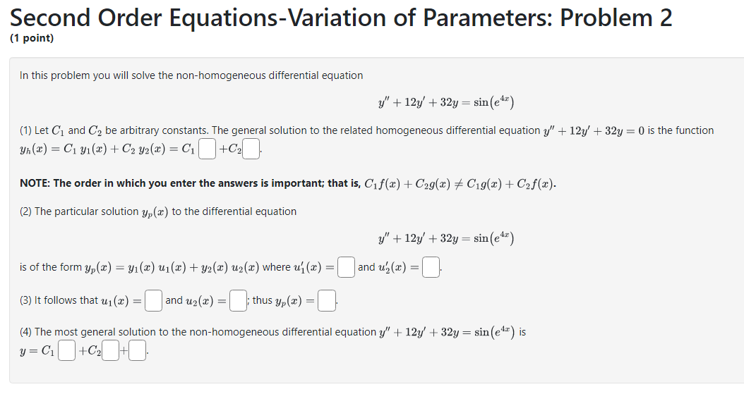 Solved Second Order Equations-Variation of Parameters: | Chegg.com