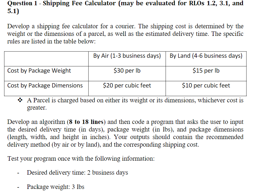 Question 1 - Shipping Fee Calculator (may be | Chegg.com